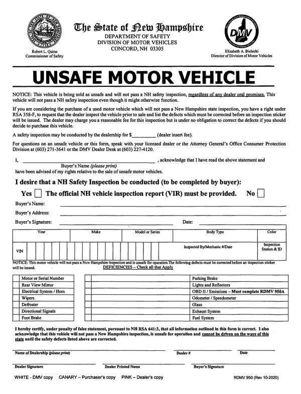 Updates to the NH Unsafe Motor Vehicle Form